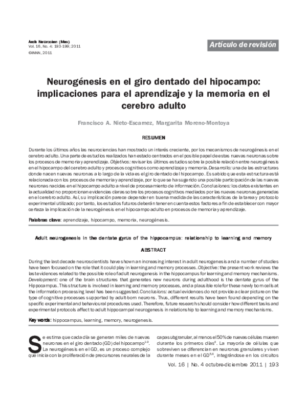 (PDF) Neurogénesis en el giro dentado del hipocampo implicaciones para ...