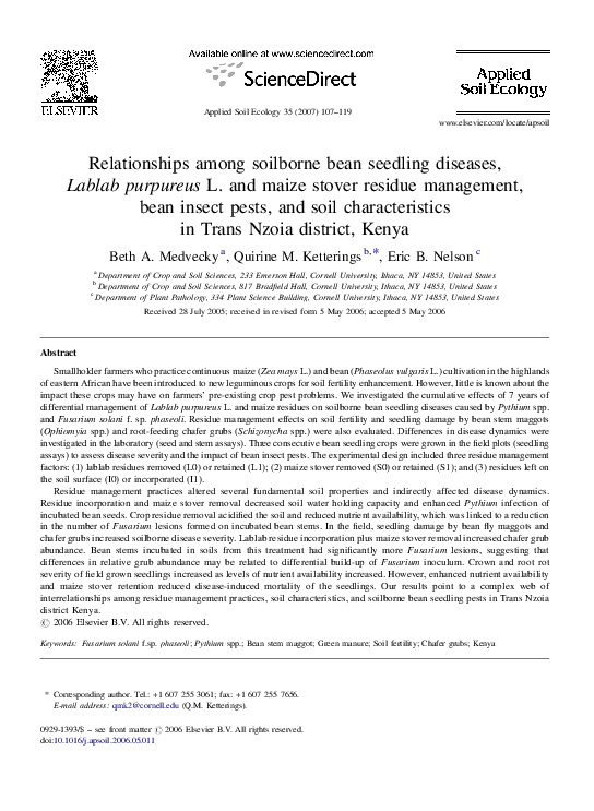 (PDF) Relationships among soilborne bean seedling diseases, Lablab purpureus L. and maize stover ...