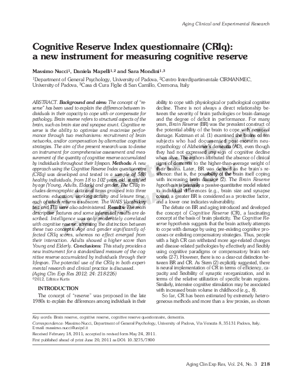 (PDF) The cognitive reserve questionnaire (CRIq): a new instrument for ...