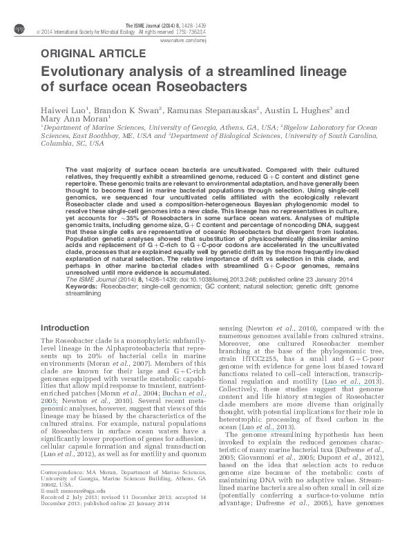 (PDF) Evolutionary analysis of a streamlined lineage of surface ocean ...