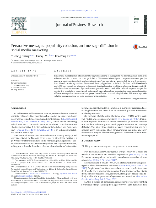 (PDF) Persuasive messages, popularity cohesion, and message diffusion ...