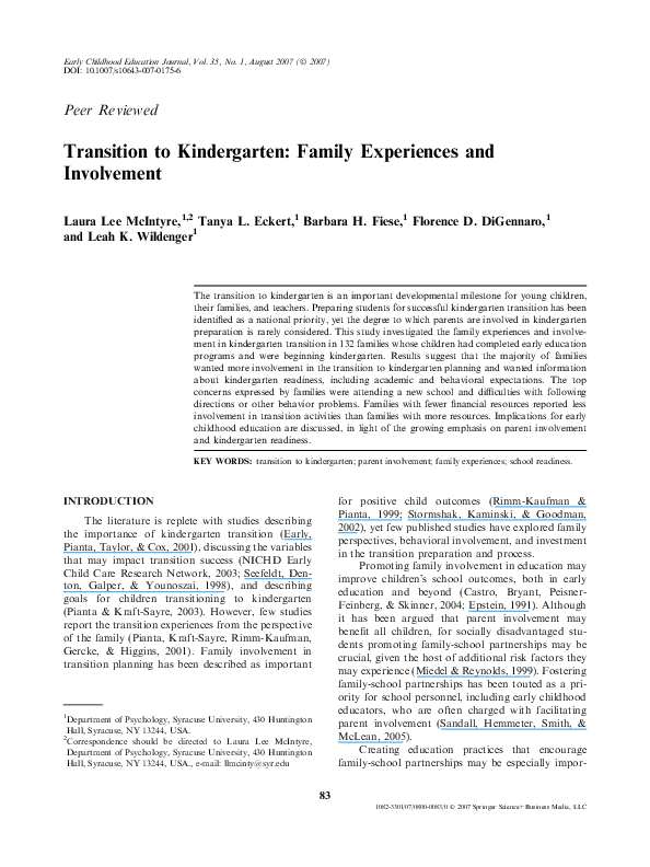 (PDF) Transition to Kindergarten: Family Experiences and Involvement