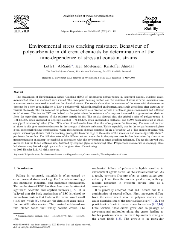 (PDF) Environmental stress cracking resistance. Behaviour of ...