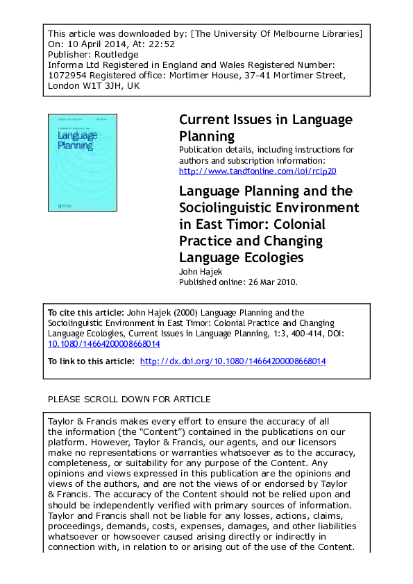(PDF) Language Planning and the Sociolinguistic Environment in East Timor: Colonial Practice and ...