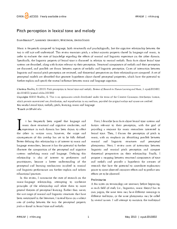 Pdf Pitch Perception In Lexical Tone And Melody Evan Bradley