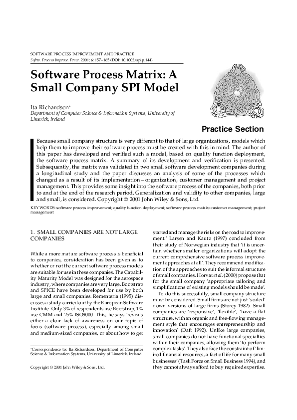 (PDF) Software process matrix: a small company SPI model