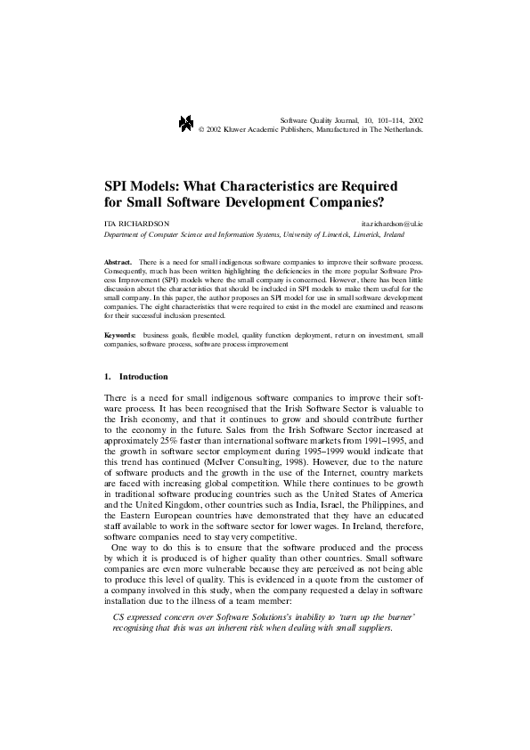 (PDF) SPI Models: What Characteristics Are Required for Small Software ...