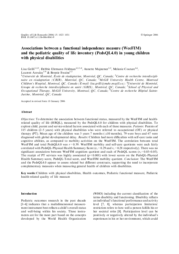 (PDF) Associations between a functional independence measure (WeeFIM ...