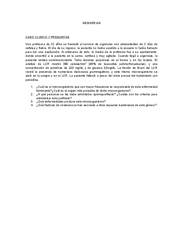 (DOC) NEISSERIAS CASO CLINICO Y PREGUNTAS