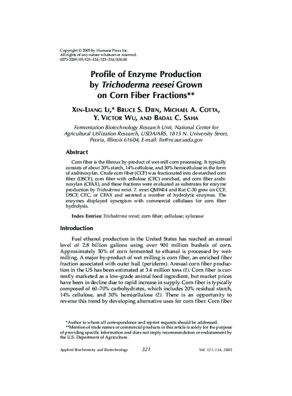 (PDF) Profile of enzyme production by Trichoderma reesei grown on corn fiber fractions