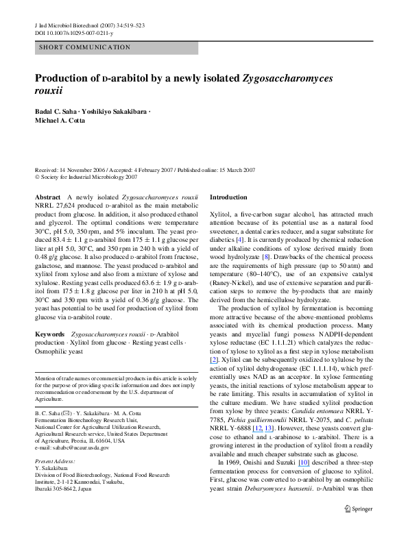 (PDF) Production of D-arabitol by a newly isolated Zygosaccharomyces rouxii