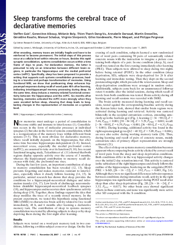 (PDF) Sleep transforms the cerebral trace of declarative memories