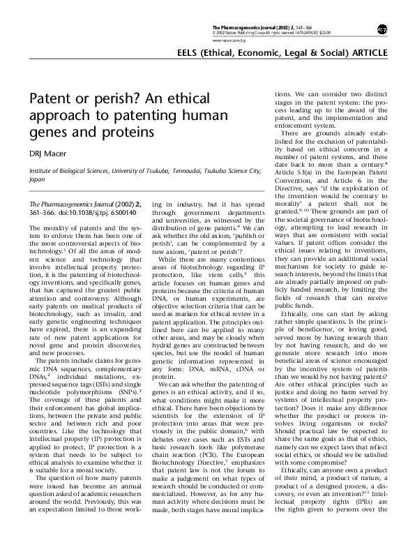 (PDF) Macer, DRJ. (2002) "Patent or perish? An ethical approach to ...