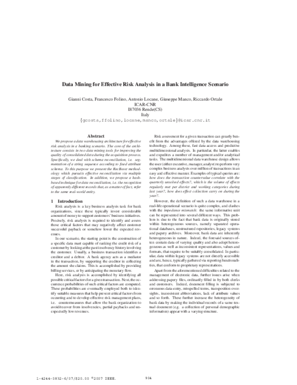 (PDF) Data mining for effective risk analysis in a bank intelligence scenario