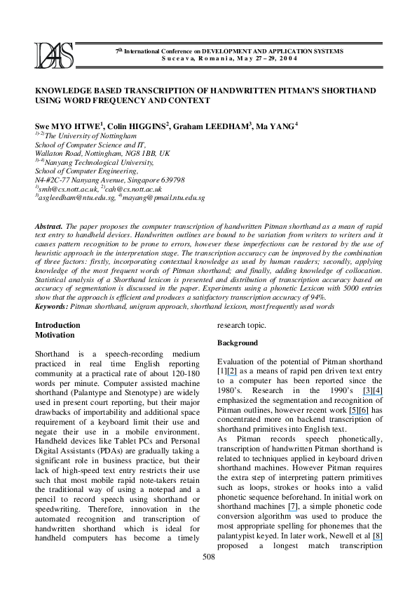 (PDF) Knowledge based transcription of handwritten Pitman's Shorthand ...