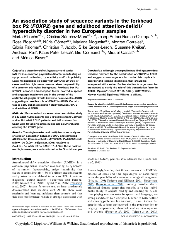 (PDF) An association study of sequence variants in the forkhead box P2 ...