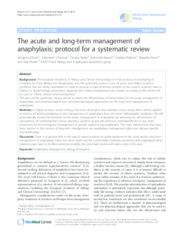 (PDF) The acute and long-term management of anaphylaxis: protocol for a ...