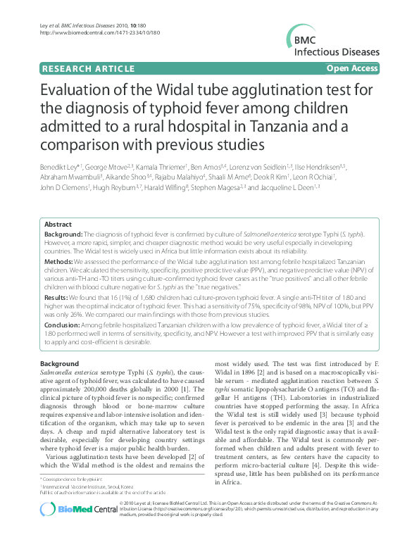 (PDF) Evaluation of the Widal tube agglutination test for the diagnosis ...