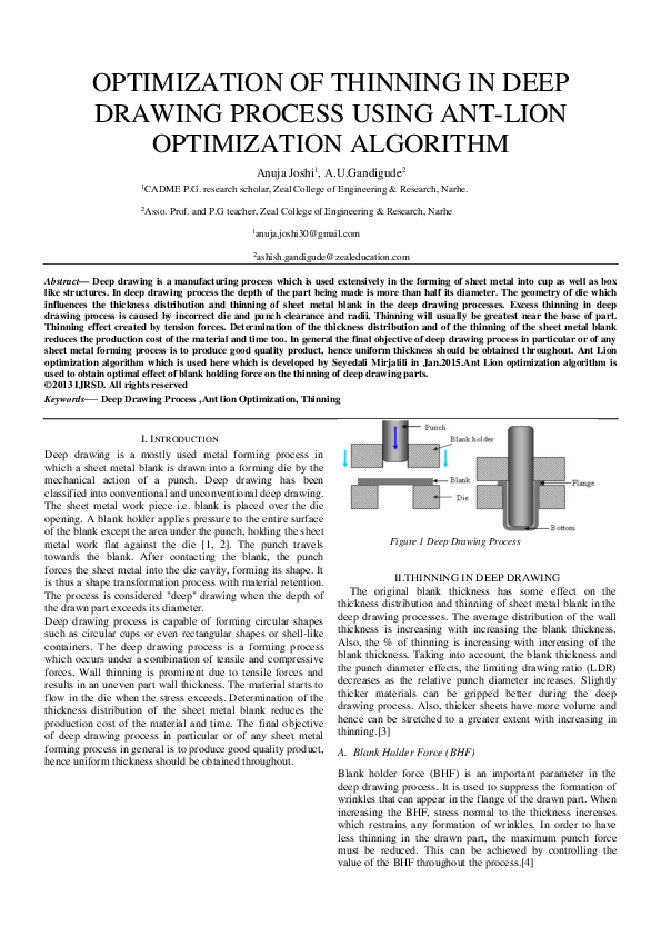 (PDF) OPTIMIZATION OF THINNING IN DEEP DRAWING PROCESS USING ANT-LION OPTIMIZATION ALGORITHM