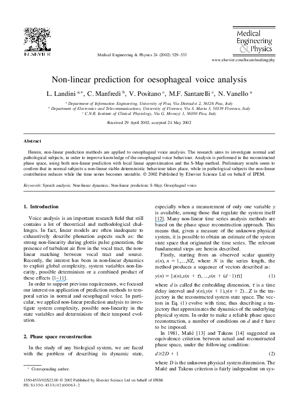 (PDF) Non-linear prediction for oesophageal voice analysis | Vincenzo Positano - Academia.edu