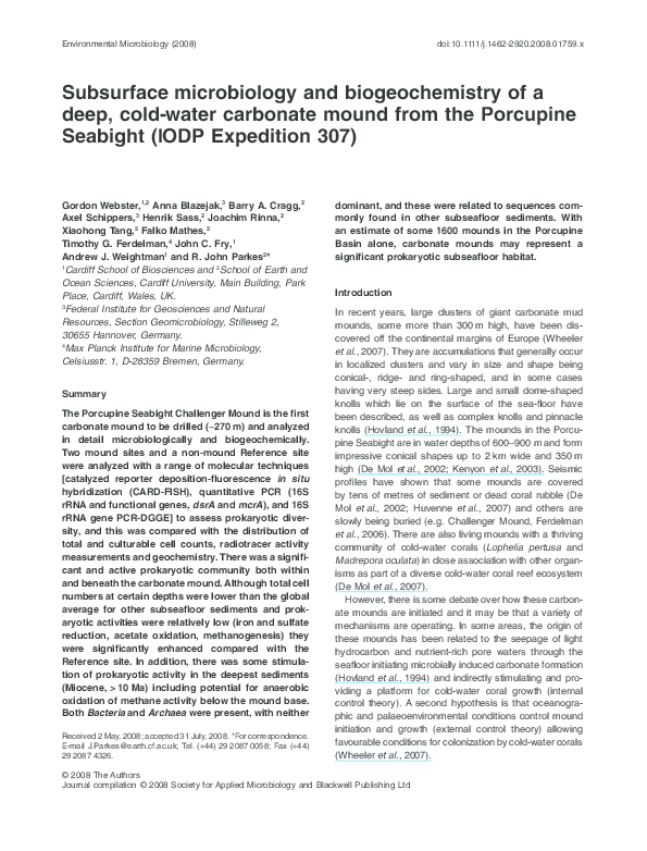 (PDF) Subsurface microbiology and biogeochemistry of a deep, cold-water ...