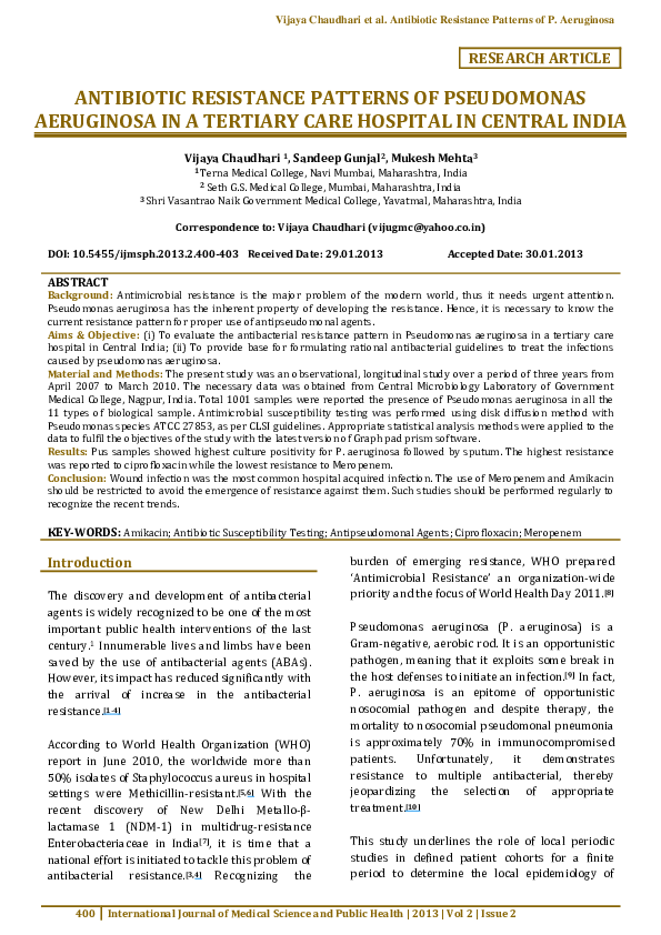 (PDF) Antibiotic resistance patterns of Pseudomonas aeruginosa in a tertiary care hospital in ...
