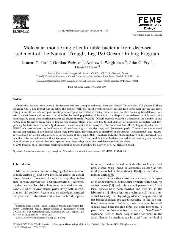(PDF) Molecular monitoring of culturable bacteria from deep-sea sediment of the Nankai Trough ...