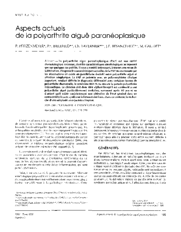 (PDF) Aspects actuels de la polyarthrite aiguë paranéoplasique