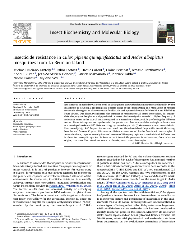 (PDF) Insecticide resistance in Culex pipiens quinquefasciatus and Aedes albopictus mosquitoes ...