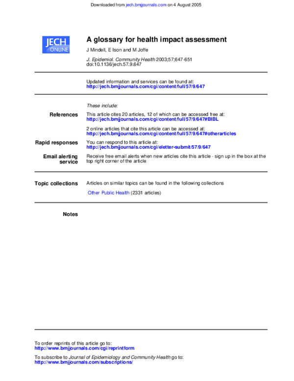 (PDF) A glossary for health impact assessment