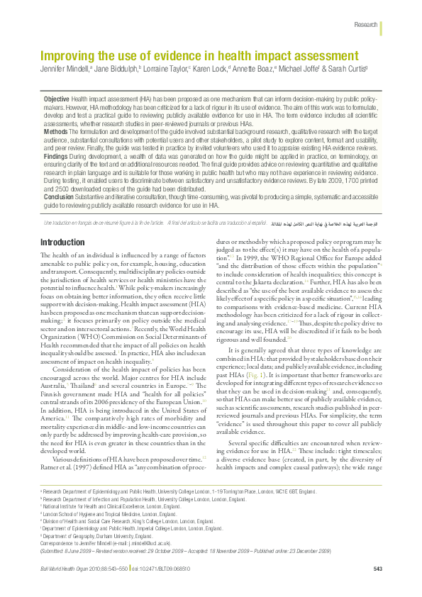 (PDF) Improving the use of evidence in health impact assessment