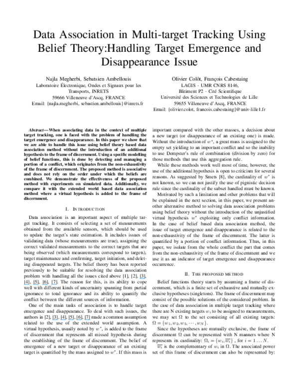 (PDF) Data association in multi-target tracking using belief theory ...