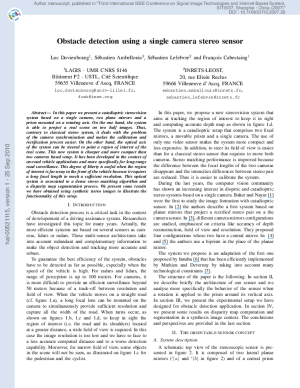 Pdf Obstacle Detection Using A Single Camera Stereo Sensor
