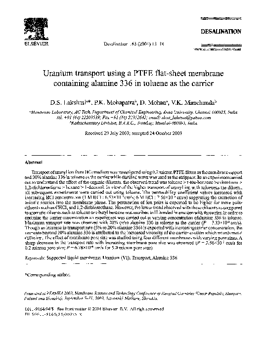 (PDF) Uranium transport using a PTFE flat-sheet membrane containing ...