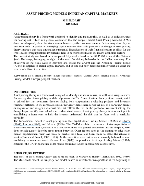 (PDF) Asset Pricing Models in Indian Capital Markets