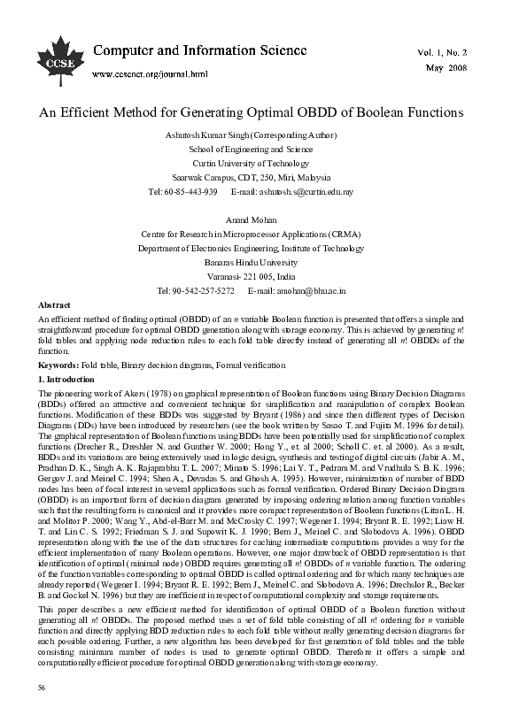 Pdf An Efficient Method For Generating Optimal Obdd Of Boolean Functions 4298