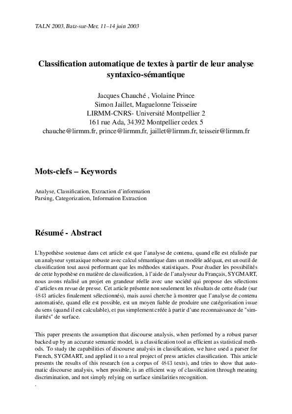 (PDF) Classification automatique de textes à partir de leur analyse ...