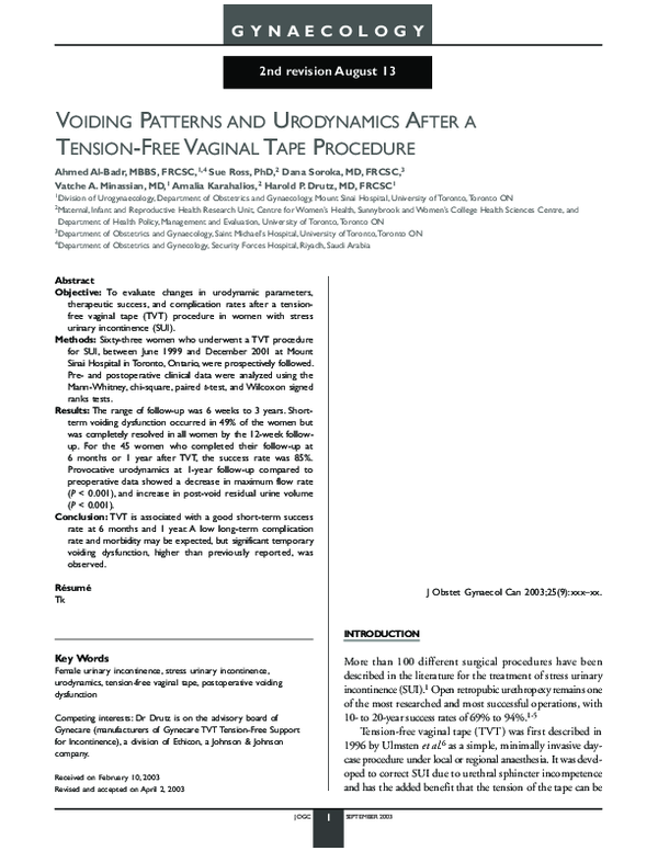 (PDF) Voiding patterns and urodynamics after a tension-free vaginal ...