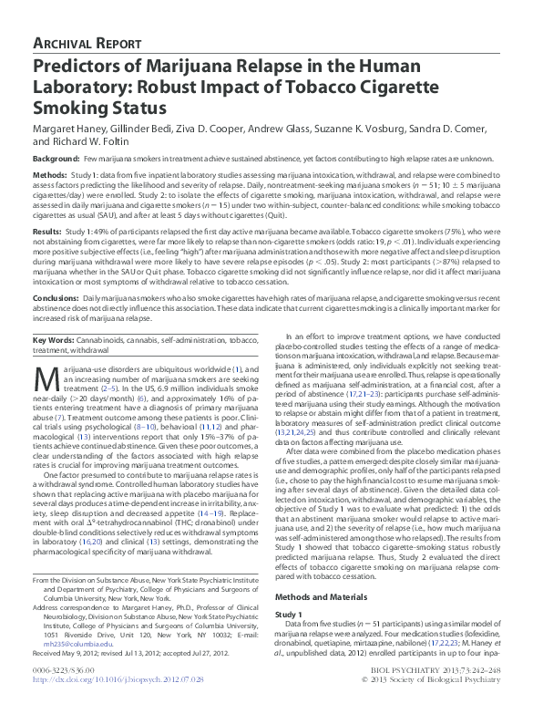 (PDF) Marijuana Relapse: Impact of Tobacco Smoking Status