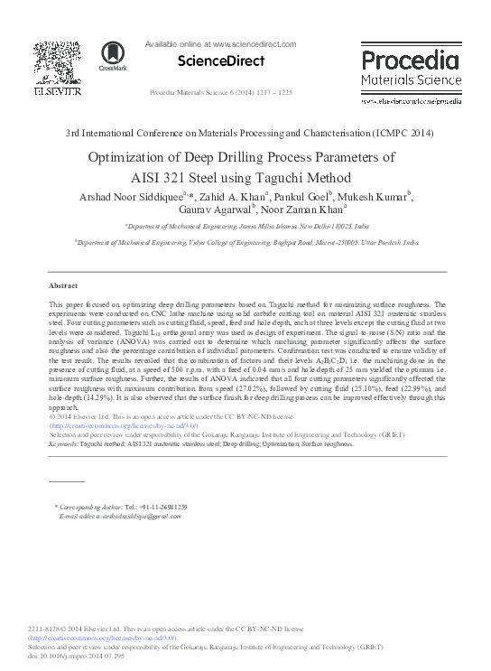 (PDF) Optimization of Deep Drilling Process Parameters of AISI 321 Steel Using Taguchi Method