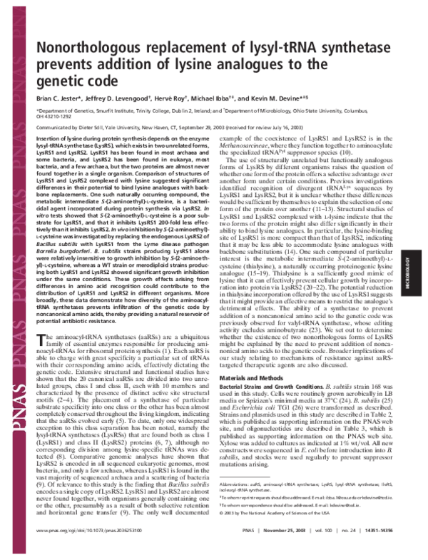 (PDF) Nonorthologous replacement of lysyl-tRNA synthetase prevents ...