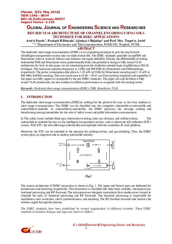 REUSED VLSI ARCHITECTURE OF CHANNEL ENCODING USING SOLS TECHNIQUE FOR DSRC APPLICATIONS