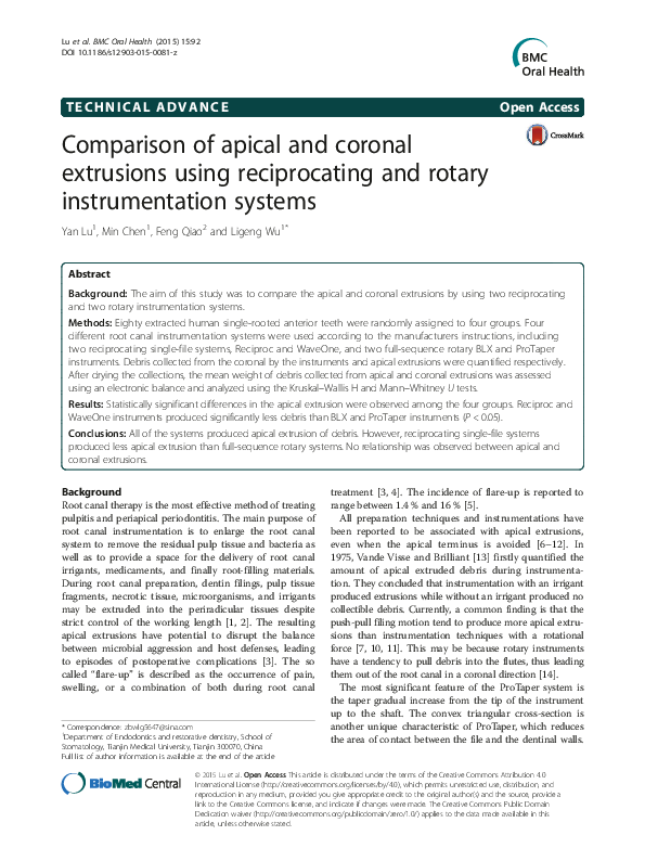 (PDF) Comparison of apical and coronal extrusions using reciprocating ...