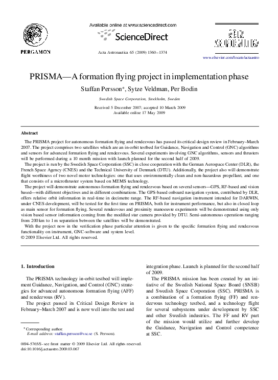(PDF) PRISMA—A formation flying project in implementation phase
