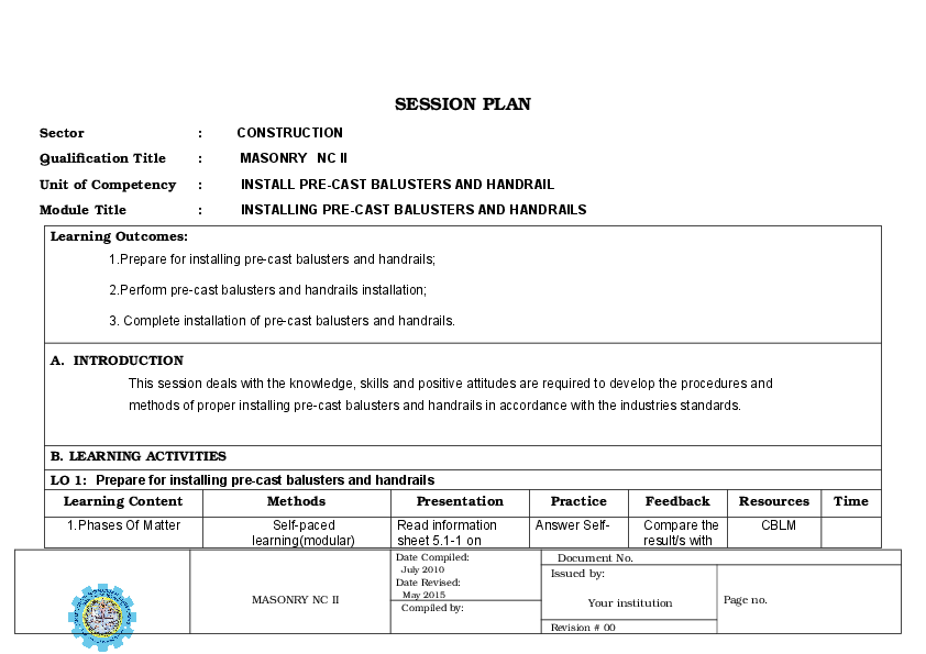 (DOC) SESSION PLAN Sector : CONSTRUCTION Qualification Title : MASONRY ...