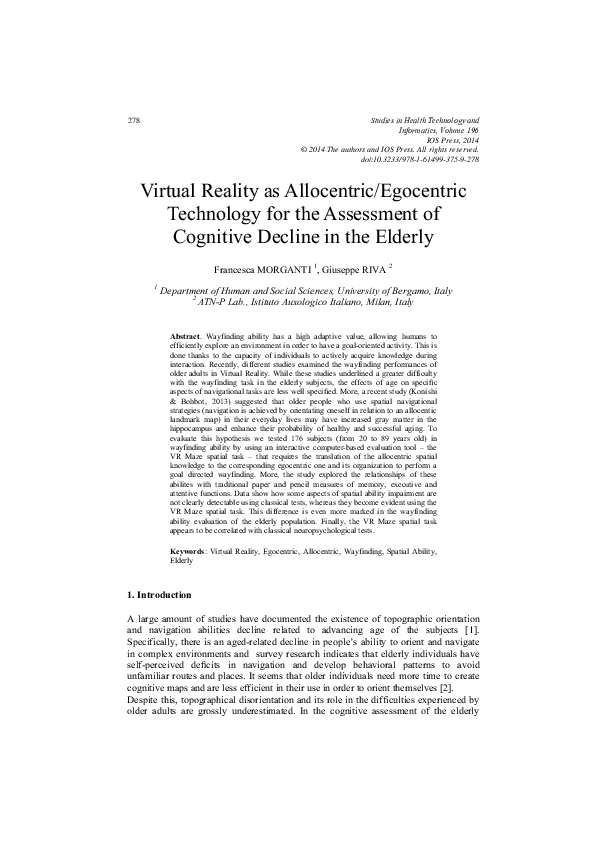 (PDF) Virtual reality as allocentric/egocentric technology for the assessment of cognitive ...