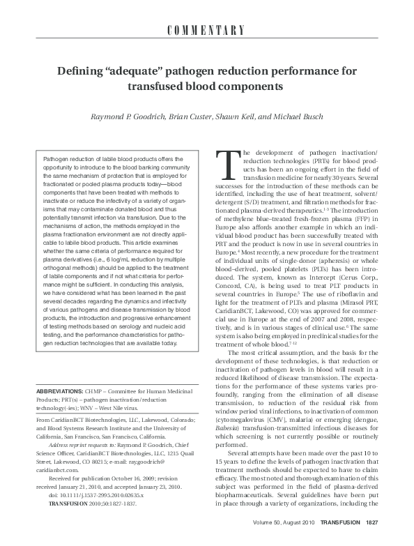 (PDF) Defining “adequate” pathogen reduction performance for transfused ...