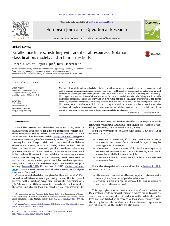 Pdf Parallel Machine Scheduling With Additional Resources Notation Classification Models