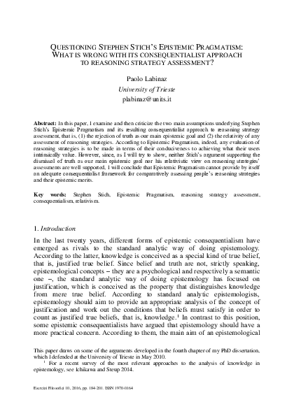 (PDF) Questioning Stephen Stich’s Epistemic Pragmatism: What is Wrong ...