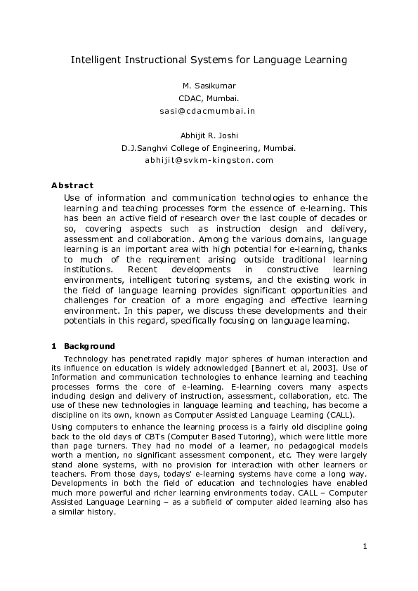 (PDF) Intelligent Instructional Systems for Language Learning